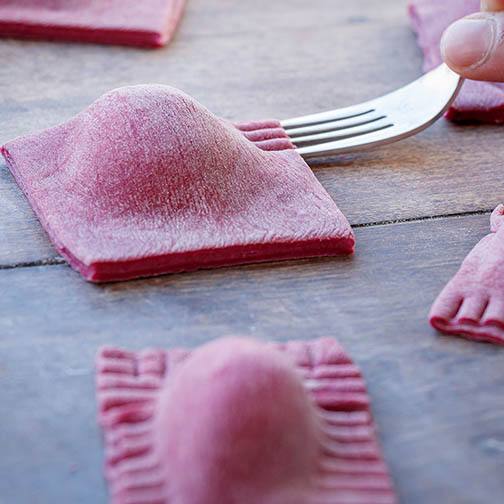 Homemade Goat Cheese Pink Tortelli Pasta with Pea and Mint Pesto Recipe ...